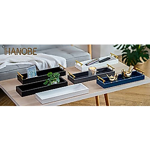 Hanobe Rectangle Long Narrow Tray: Decorative Trays Rectangular Candle Holder Trays for Home Decor White Centerpiece Tray Decor Serving Tray with Gold Handles for Dining Table Coffee Bar Living Room