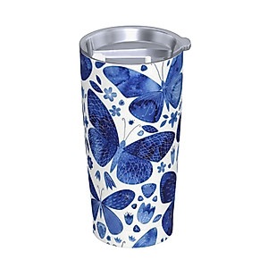 EVANEM 20 Oz Stainless Steel Tumbler With Straw Cleaner Blue Butterflies Printed Insulated Cup Travel Coffee Mug Vacuum Insulated Tumblers For Home Office