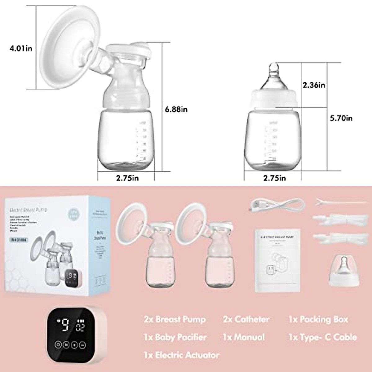 Electric Breast Pump，Double Breast Pump，Electric Double Breast Pump，Used for Home and Travel Breast Pumps，4 Mode & 9 Levels，Come with 28mm Flanges (Pink)