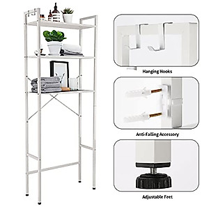 Over Toilet Bathroom Organizer, Likein Tall Over The Toilet Storage Shelf Space Saver for Bathroom Shelves Over Toilet Rack White Metal Frame Wooden Over-The-Toilet Rack with Hooks