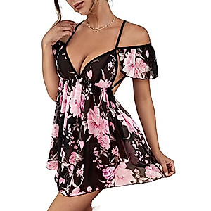 Verdusa Women's Casual Sleepwears Floral Print Cold Shoulder Crisscross Backless Spaghetti Strap Chiffon Nightdress Multicolor M
