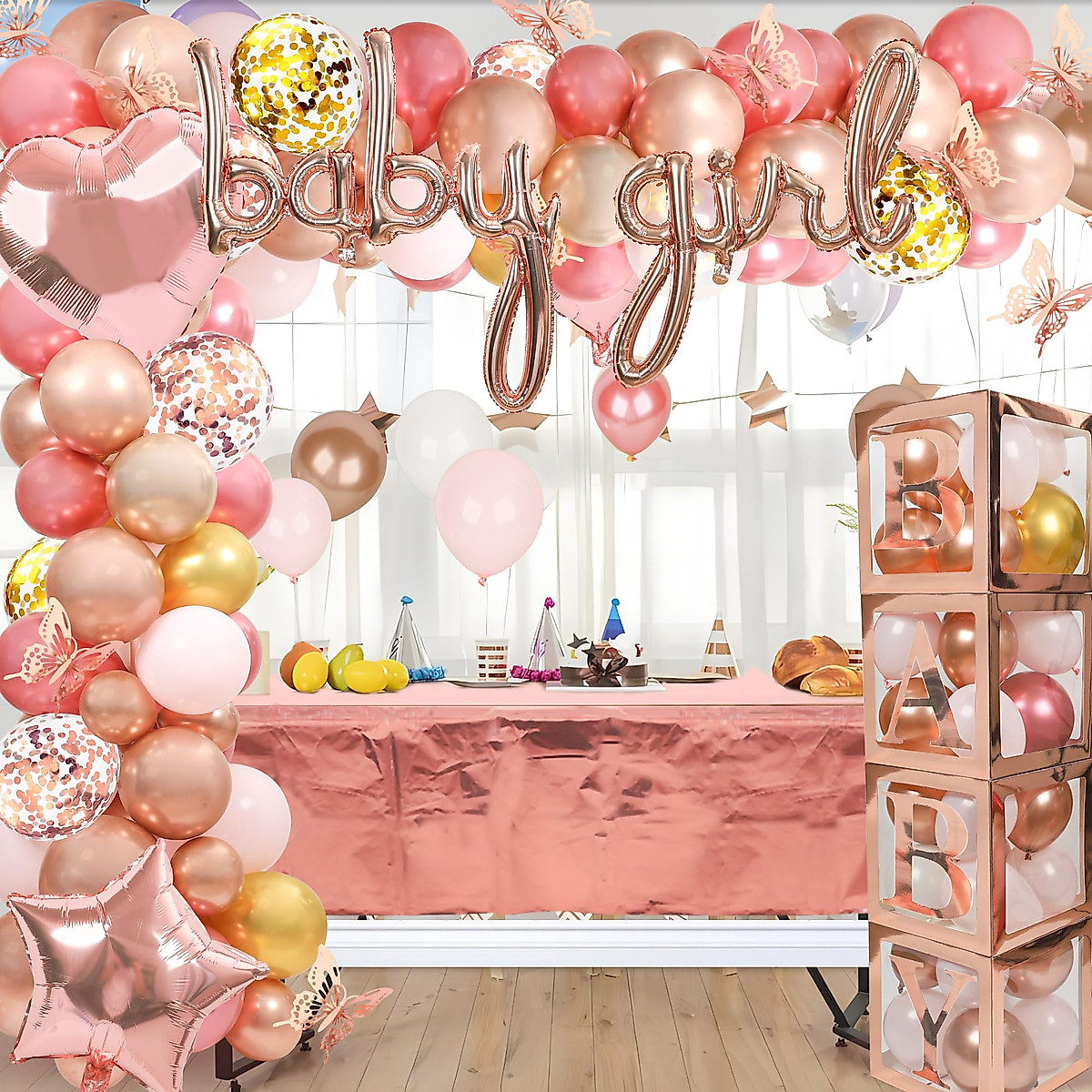 Rose Gold Baby Shower Decorations Rose Gold Balloon Garland Arch Kit Balloon Boxes Fringe Curtain Tablecloth Cake Topper Butterfly Stickers for Birthday Girls Baby Shower Gender Reveal Party Supplies