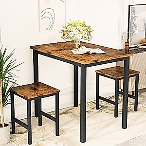 Recaceik 3 Piece Chairs for 2, Modern Wood Room, Small Dining Breakfast Table Set with 2 Stools & Metal Frame for Kitchen, 35 Inch, Brown