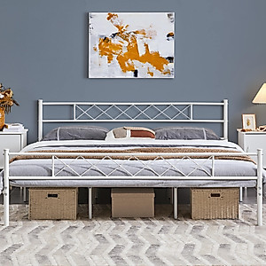 Yaheetech Metal Platform King Bed Frame Mattress Foundation with Headboard and Footboard No Box Spring Needed Under Bed Storage Steel Slats White