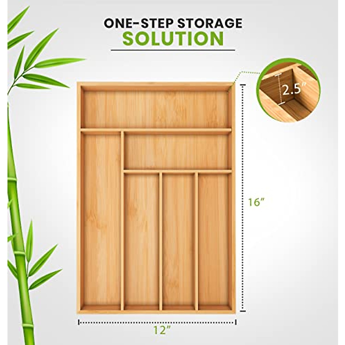 Utopia Kitchen Bamboo Silverware Organizer- 6 Compartments - Bamboo Drawer Organizer 16 x 12 x 2.36 Inches - Bamboo Hardware Organizer (Natural)