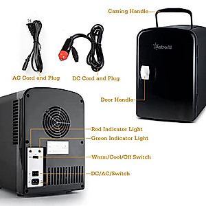 AstroAI Mini Fridge Portable AC/DC Powered Thermoelectric System Cooler and Warmer 4 Liter/6 Can for Cars, Homes, Offices, and Dorms,Black (Renewed)