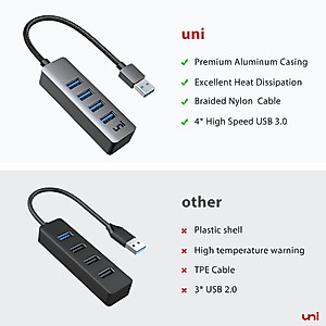 uni USB Hub 4-Port USB Splitter 4FT, High-Speed Portable Aluminum USB 3.0 Hub Compatible with PC, Laptops, Mouse, Keyboard, Flash Drive, Mobile HDD, Car, and More.