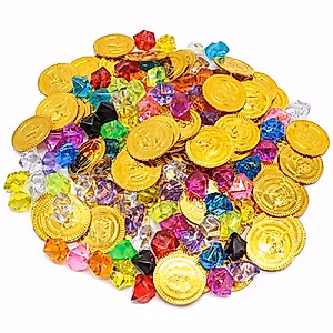 160pcs Plastic Pirate Gold Coins Colored Gems Pirate Treasure Hunt Playset Toys for Kids Party Props Decoration Pirate Treasure Coins Jewels for Party Favor,Event,Wedding, Vase Fillers, Arts & Crafts