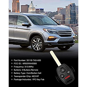 Car Key Fob Replacement Keyless Entry Remote Control Fits for Honda Pilot 2009 2010 2011 2012 2013 2014 2015/ Accord Sedan 2008-2012 Replace KR55WK49308 35118-TA0-A00