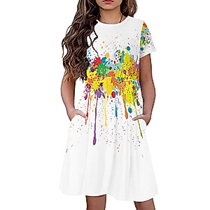 21KIDS Girls Floral Dress Kids Boho Short Sleeve Pleated Casual Dress with Pockets for Girls, Paint, 6 Years