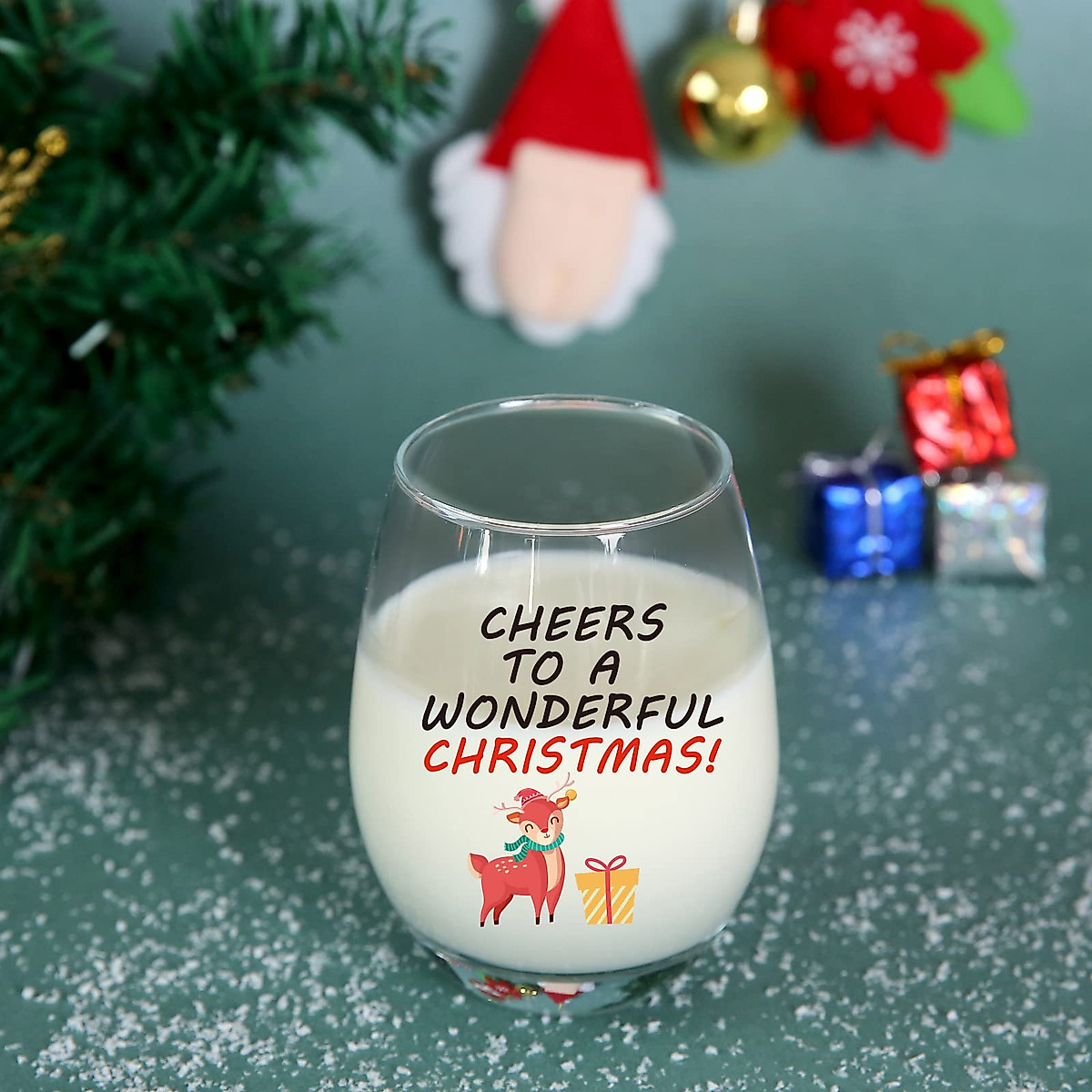 Jogskeor Cheers to a Wonderful Christmas Wine Glass, Christmas Elk Stemless Wine Glass for Friends Dad Mom Women Men Christmas New Year Wedding Party Winter Holiday Party, 15 Oz