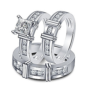 Rosie Collection Hers Couples Matching Rings Women's 3pc Wedding Ring Bridal Sets & Men's 925 Sterling Silver CZ Diamond Engagement & Wedding Trio Bridal Ring Set Women's Size 12 & Men's Size 7