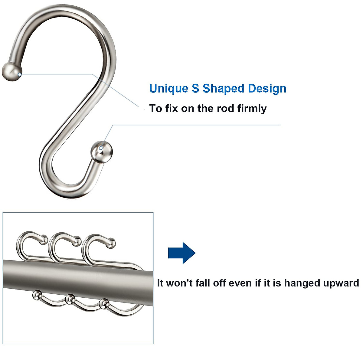 TOPROD Shower Curtain Hooks Rings, Stainless Steel S Shaped Shower Hooks Rust Proof, Shower Curtain Hangers for Shower Curtain, Kitchen, Wardrobe & Garden, Brushed Nickel, Set of 12