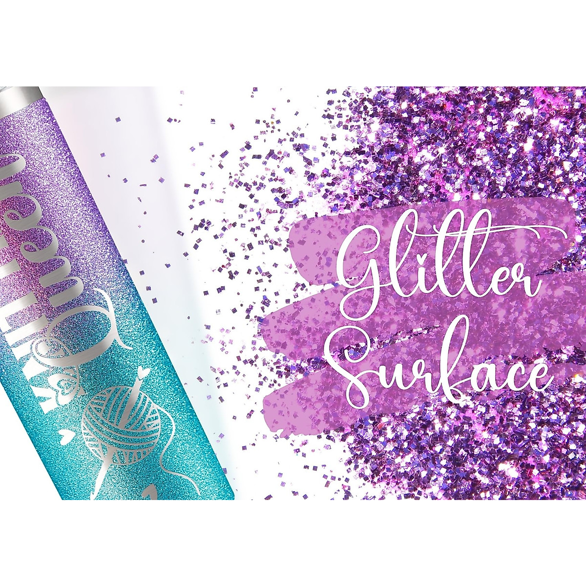 Onebttl Knitting Gifts for Women, Crochet Lovers - Knitting Queen - 20oz/590ml Stainless Steel Insulated Tumbler with Straw & Lid, Crochet Gift for Birthday, Christmas (Glitter Purple Blue)