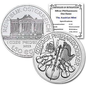2023 AT 1 oz Austrian Silver Philharmonic Coin 1.50 Euros Brilliant Uncirculated with a Certificate of Authenticity €1.50 BU