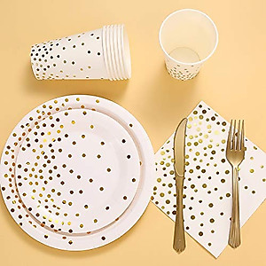 White and Gold New Year Eve 2025 Party Supplies 150PCS Golden Dot Disposable Party Dinnerware Includes Paper Plates, Napkins, Knives, Forks, 12oz Cups, Banner, for Bridal Shower, Wedding, Serves 25