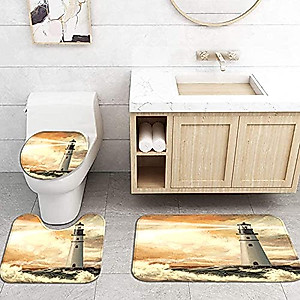 SiMiWOW Lighthouse Shower Curtain Set with Rugs,Nautical Ocean Lighthouse Rugs Bathroom Decor Sets