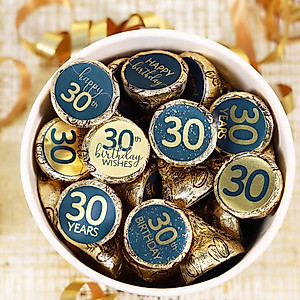 Navy Blue and Gold 30th Birthday Party Favor Chocolate Kisses Candy Stickers - 0.75 in. Round - 180 Labels