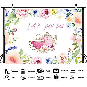 Let's Par Tea Backdrop Tea Time Photo Background Teapot Teacups High Tea Themed Bridal Shower Engagement Bachelorette Baby Shower Party Supplies Photo Studio Props Decorations