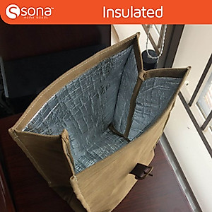S SONA HOME GOODS Waxed canvas lunch bag, ecofriendly, reusable, brown, for women or men. The perfect large heavy duty lunch box for meal prep, work, or travel.