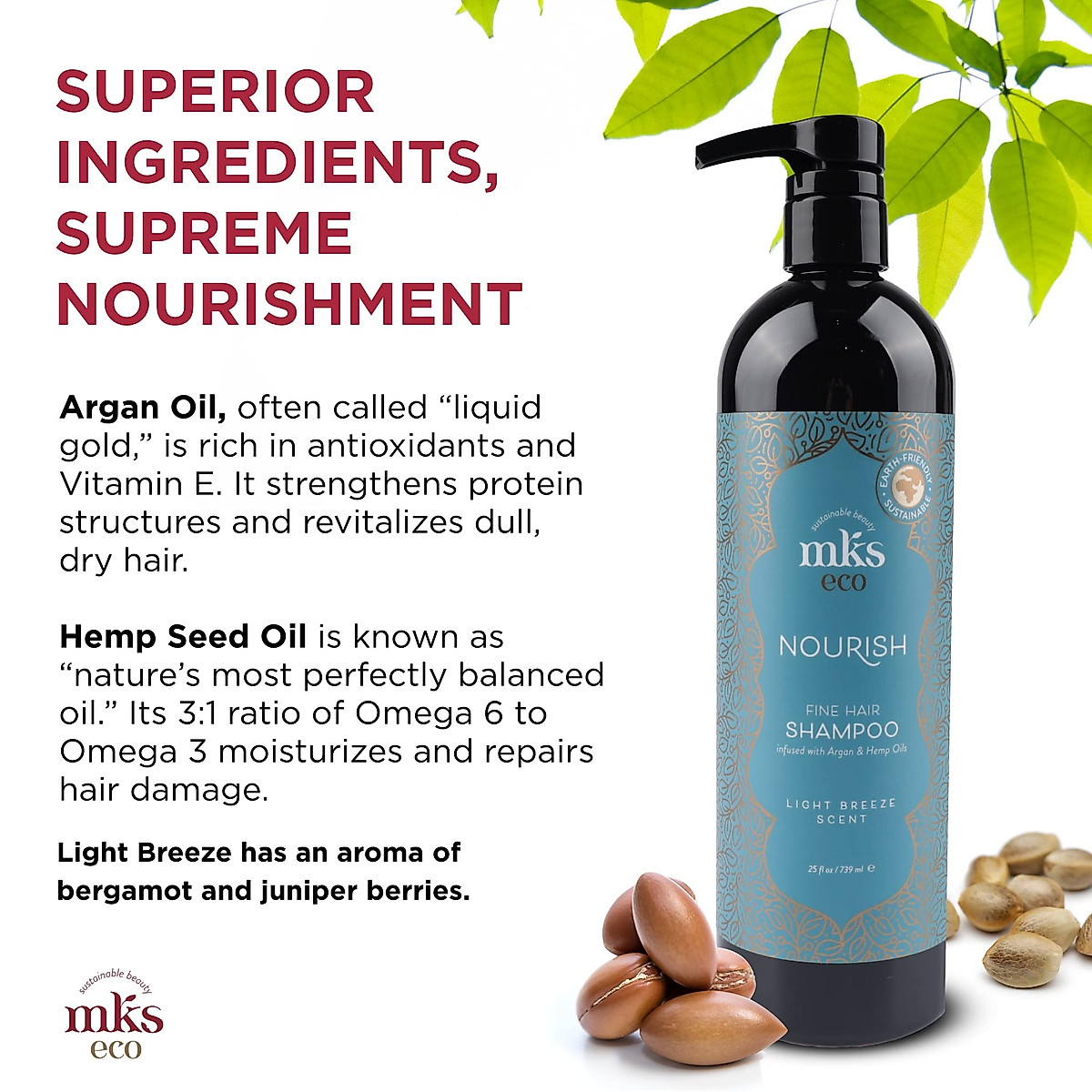 Earthly Body MKS eco Nourish Shampoo for Fine Hair, Light Breeze - 25 fl oz - Cleanses & Strengthens - Safe for Color Treated Hair - Moroccan Argan Oil, Hemp Seed Oil - Vegan, Cruelty Free