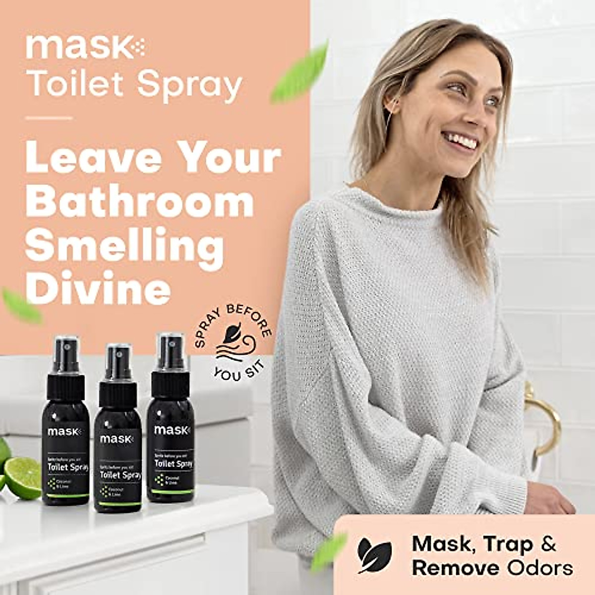 Mask - Toilet Odor Eliminator Spray, Non-Aerosol Odor Neutralizer Spray, Spritz-Before-You-Sit Travel Odor Eliminator, Traps Odors Before You Go, 2 oz, Coconut & Lime Scent, Pack of 3