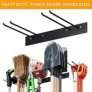 WIDEWHEEL Tool storage rack, garage wall mounted (with 6 hooks), heavy garden tool rack, can withstand 350 pounds, and can place brooms, mops, shovels, trimmers, water pipes, chairs, and More
