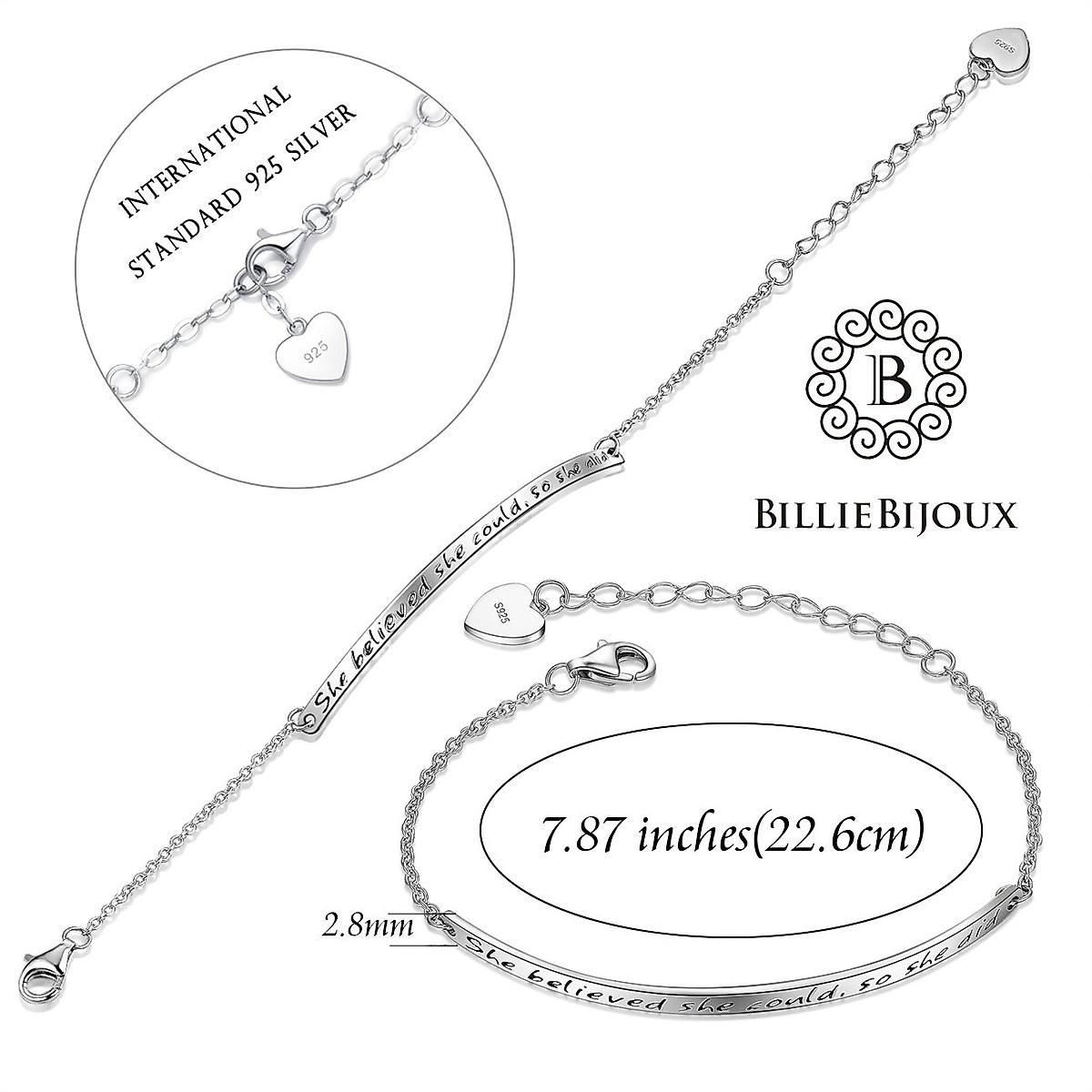 Graduation Gifts 925 Sterling Silver Women Engraved Inspirational Adjustable Bracelet “She Believed She Could So She Did” Friendship Gift (A-silver)