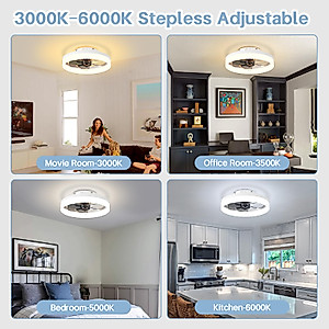 Ceiling Fans With Lights 15.7in, Low Profile Ceiling Fan Flush Mount With Remote, Dimmable LED 3 Color 6 Speeds Timing, Reversible Bladeless Modern Ceiling Fans Fandelier For Bedroom Living Room,White