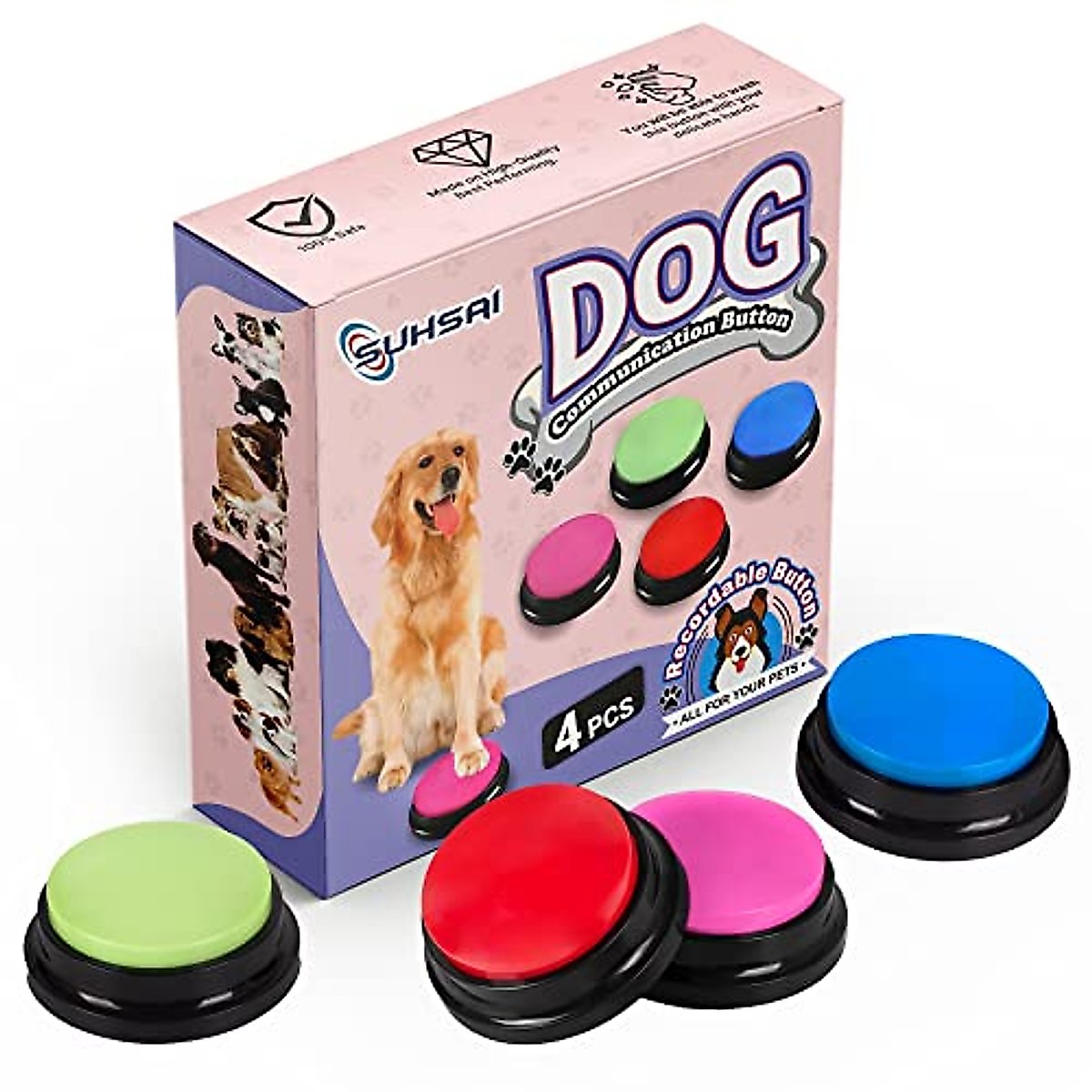 SUHSAI Dog Buttons for Communication, Pet Training Buzzer 30 Second Records & Playback, Voice Recorder and Speaking Button, Dog Talking Button for Pet, Cat, Dog (Pack of 4)
