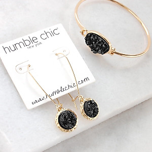 Gold and Black Earrings for Women Dangle - Black and Gold Earrings for Women, Black Dangle Earrings for Women, Gold Tone Black Drop Earrings for Women, Sparkly Simulated Black Druzy Earrings for Women