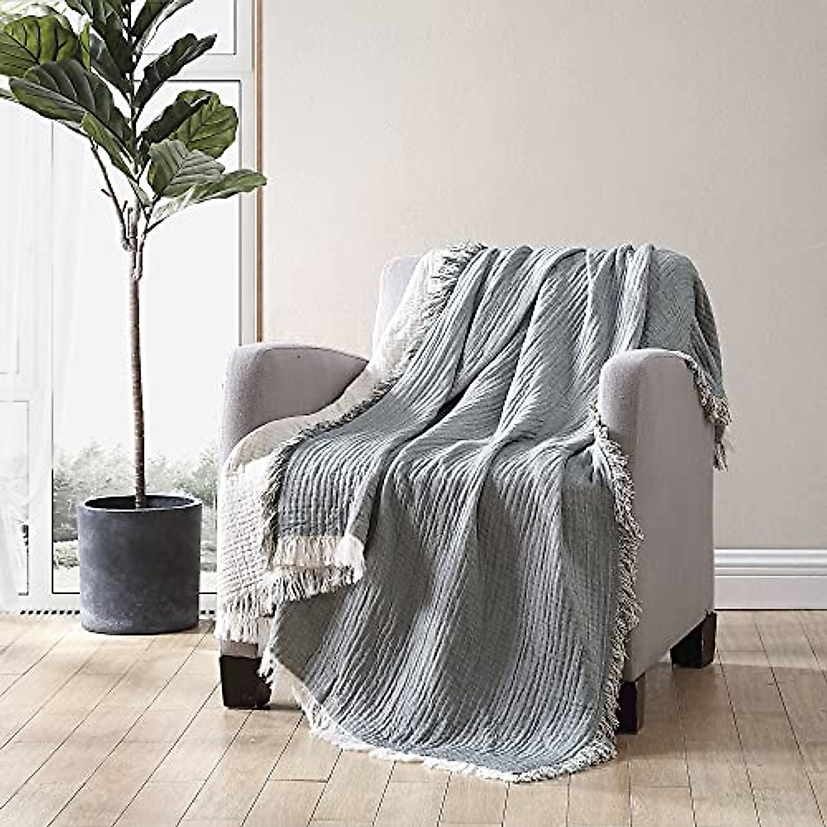 Brielle Home Denver Reversible Cotton Gauze Throw Blanket, Fern/Ecru, 50x60