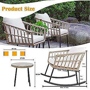 Patio Outdoor Boho Balcony Furniture Rocking Chairs Set,3-Piece Wicker Rattan Small Patio Conversation Rocking Chairs and Glass Table,3 Piece Chat Set with Waterproof Cushions