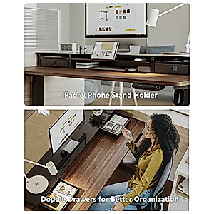 BANTI 55"x 26" Electric Standing Desk with Glass Top Monitor Stand, Adjustable Sit Stand Up Table with Double Drawer, Sit Stand Desk with Storage Shelf, Black Walnut Top