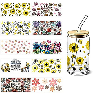 UV DTF Cup Wrap, 10 Sheets Flower Butterfly Bee Coffee Cup Rub on Transfers for Glass Cups, UV DTF Cup Wrap Transfer Stickers Decals Waterproof Rub on Transfers for Glass Cups Crafts Vintage
