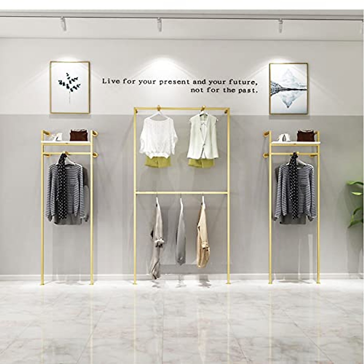 WFDERAN Modern Clothing Store Square Tube Garment Rack,1-Tier Wall Mounted Storage Clothes Shoe Bag Hanging Shelves,Retail Shop Clothes Display Stands (24" L, Gold with Wood)