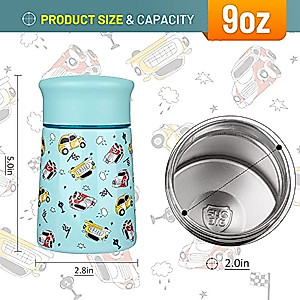 Charcy 9 Ounce Kids Thermos for Hot Food - Insulated Food Jar for Hot & Cold Food - Flat Lid Green Car