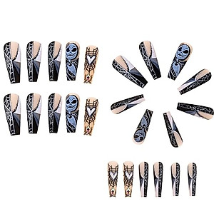 Halloween Press on Nails Long Coffin Fake Nails Full Cover Nightmare Christmas Nails Spider Web False Nails with Designs Rhinestones Matte Glue on Nails Artificial Nails for Women Girls 24Pcs