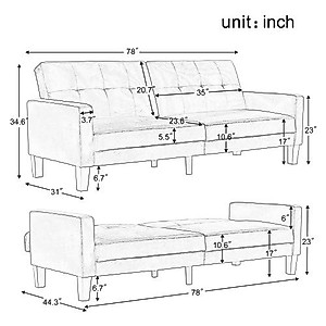 Sofa Futon Premium Linen Upholstery Sofa Can Convertible Into A Bed, Sofa Bed Upholstery with Wooden Legs, Fabric Living Room Sofa Contemporary Plush Sleeper Sofa with Padded Cushions (Grey)