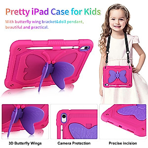 VOFUOE for iPad 10th Generation Case for Kids Girls for iPad 10th 2022 10.9 Cases with Screen Protector Shoulder Strap Butterfly Wings Stand Pencil Holder Rugged Cover for iPad 10th Gen 10.9-Rose Red