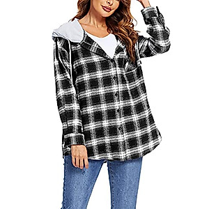 HOTOUCH Hooded Flannel Shirt Women Plaid Top Shacket Button Up Long Sleeve Blouse Lightweight Cotton Tunic Outfit Black L