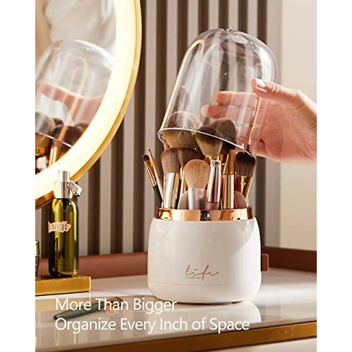 Lebenrich Rotating Makeup Brush Holder Organizer with Lid, Spinning Brush Holder Makeup Organizer with Clear Cover, Acrylic Cosmetics Make Up Brushes Storage Cup Container for Vanity (Light Green)