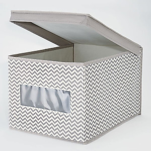 mDesign Large Soft Stackable Fabric Baby Nursery Storage Organizer Holder Bin Box with Front Window/Lid for Child/Kids Bedroom, Playroom, Classroom, Spira Collection, 4 Pack, Taupe/Natural