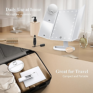 Makeup Mirror Vanity Mirror with Lights, 2X 3X 10X Magnification, Lighted Makeup Mirror, Touch Control, Trifold Makeup Mirror, Dual Power Supply, Portable LED Makeup Mirror, Women Gift (White+10X)