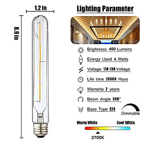 Leools T10 Led Long Bulbs,4W Dimmable Tubular Bulb,40 Watt Equivalent,E26 Edison Style Vintage LED Filament Light Bulb,2700K Warm White,8.9in(225mm),4-Pack.