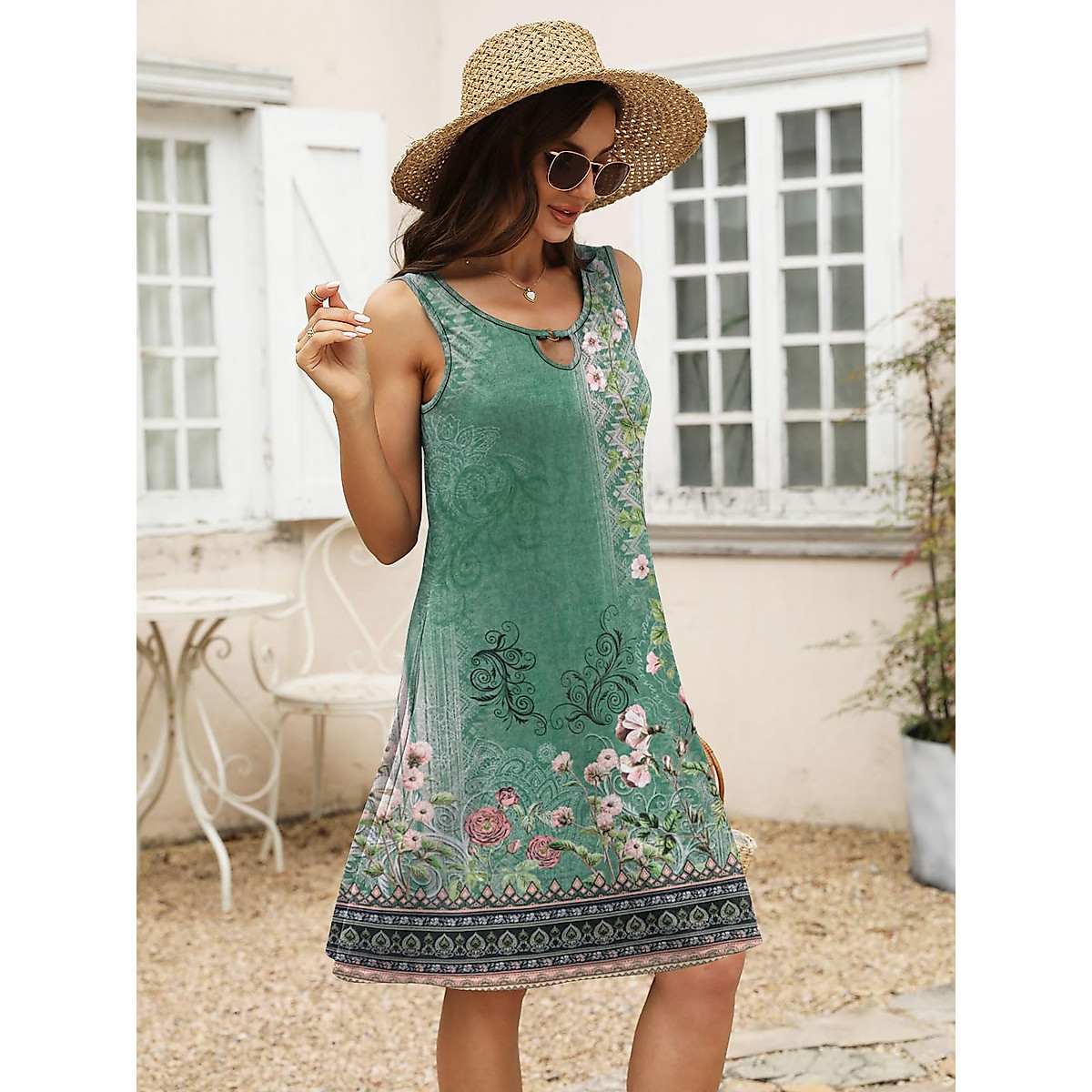 ETCYY Summer Dresses for Women 2025 Trendy Boho Floral Print Beach Cover Up Casual Spring Sleeveless Sundresses(XL.Flower Green)