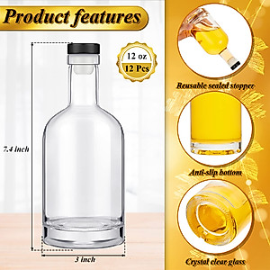 12 Pcs Clear Wine Bottles 12 oz Glass Liquor Bottles with T-top Caps Heavy Bottom Hot Sauce Bottles Home Brewing Glass Bottle Airtight Crew Bottle for Kombucha Beverages Juice Oils Drinks (Black)