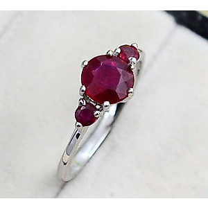 925 Sterling Silver Natural Red Ruby Gemstone 7 MM Round Cut July Birthstone Three Stone Cluster Unisex Ring For Birthday Gift (Rhodium Plated Silver, 6)