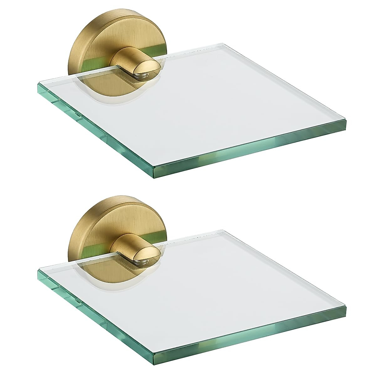 JQK Small Floating Glass Shelves Gold, 4 Inch Display Ledges for Wall, Mini Decor, Living Room Bedroom Bathroom, Tempered Glass Shower Storage, 2 Pack, TGS101L4-BG-P2