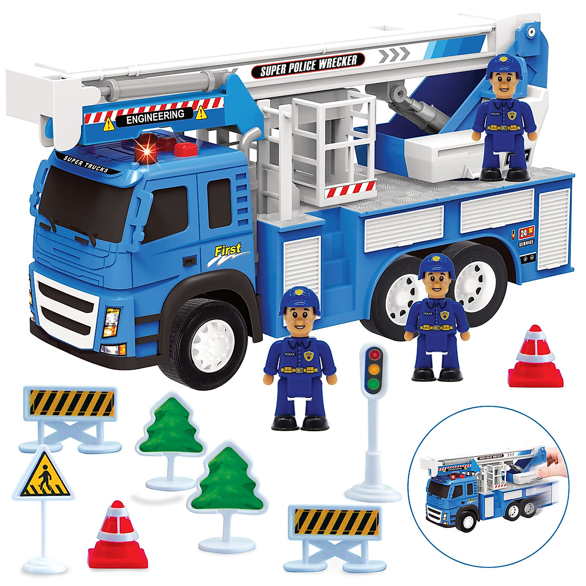 Police Fire Truck Toy - 1:12 Scale Push and Go Realistic Vehicle Playset, 3 Law Enforcement Fire Trucks Action Figure, Extendable Ladder, Accessories w/Lights Sounds for Kids 3 4 5 6 7 8 Year Old